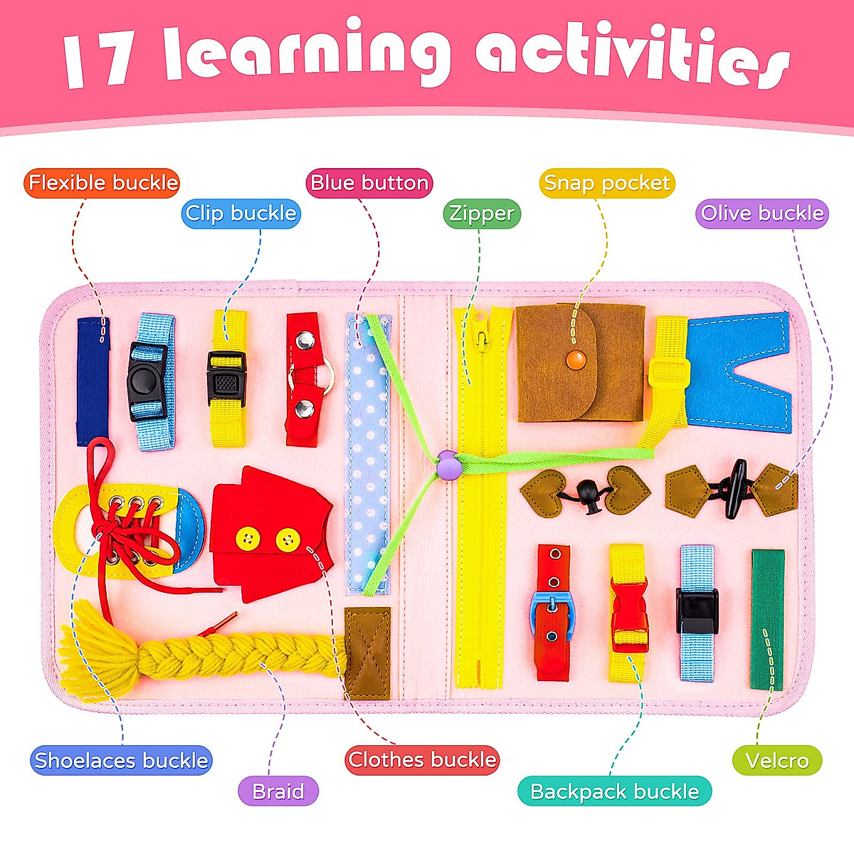 NiToy Busy Board, 19-in-1 Toddler Montessori Toys Ages 3-5, Fine Motor Skills Toys for Preschool Activity Sensory Learning Toys, Pink