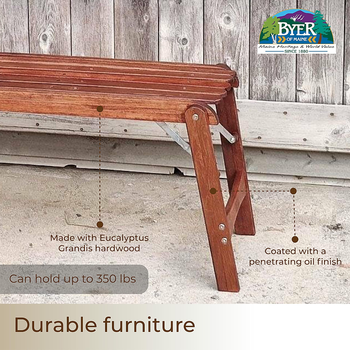 BYER OF MAINE Pangean Outdoor Wooden Bench, Foldable Bench for Indoor and Ourdoor, Home Furniture, 20 lbs - 14.5 x 40 x 18.5 Inches H