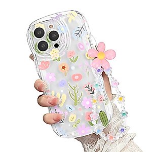 Newseego for iPhone 14 Pro Max Case, Cute Colorful Flower Curly Wave Clear Case with Lovely Flower Bracelet Chain for Women Girls Soft TPU Shockproof Protective Case Cover for iPhone 14 Pro Max