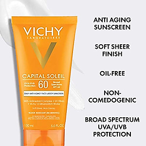 Vichy Capital Soleil Body & Face Sunscreen Lotion, Daily Anti Aging Sunblock with Broad Spectrum SPF 60, Dermatologist Recommended, Oxybenzone-Free, 5 fl. oz.