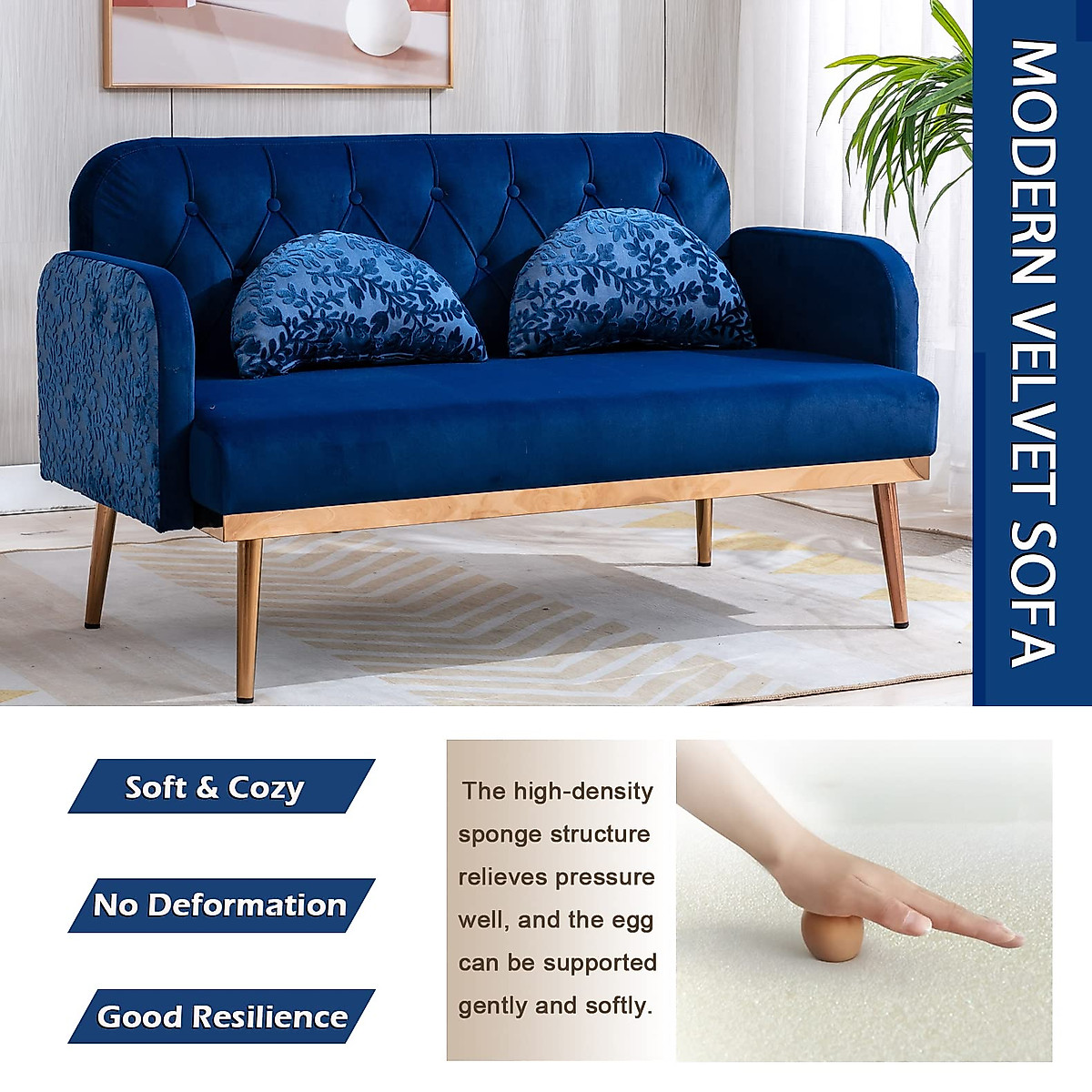 55-inch Small Velvet Couch with Elegant Moon Shape Pillows, Twin Size Loveseat Accent Sofa with Golden Metal Legs, Living Room Sofa with Tufted Backrest, 600 Pounds Weight Capacity, Navy Blue