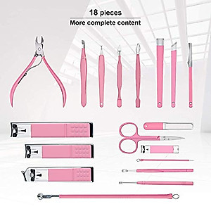 Manicure Set Professional Nail Clippers Kit Pedicure Care Tools- Stainless Steel Women Grooming Kit 18Pcs for Travel or Home (Pink)