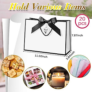 Locmeo 20 Sets Large Bow Ribbon Thank You Gift Bags Bulk with Handles 11 x 4 x 8 Inch Paper Gift Wrap Bags for Christmas Wedding Baby Shower Birthday Anniversary Holiday Party (Black and White)
