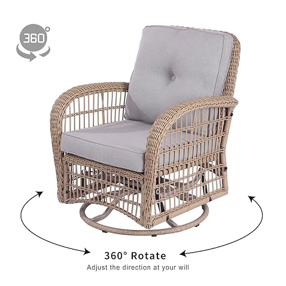 Livavege Outdoor Patio Rattan Gray Cushion, Weather-Resistant PE Wicker Furniture for Porch, Sunroom, Deck, Backyard, Swivel Rocker Chair, Natural
