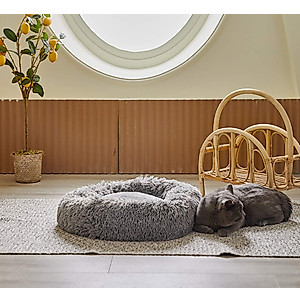 UOZZI BEDDING Plush Faux Fur Round Pet Cat Dog Bed, Comfortable Fuzzy Donut Cuddler Cushion Soft Shaggy and Warm for Winter 22" (Gray)