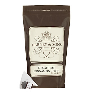 Harney & Sons Decaffeinated Hot Cinnamon - Ceylon Black Tea with Three Types of Cinnamon, Orange Peel and Sweet Cloves - 50 Count Sachet Bag
