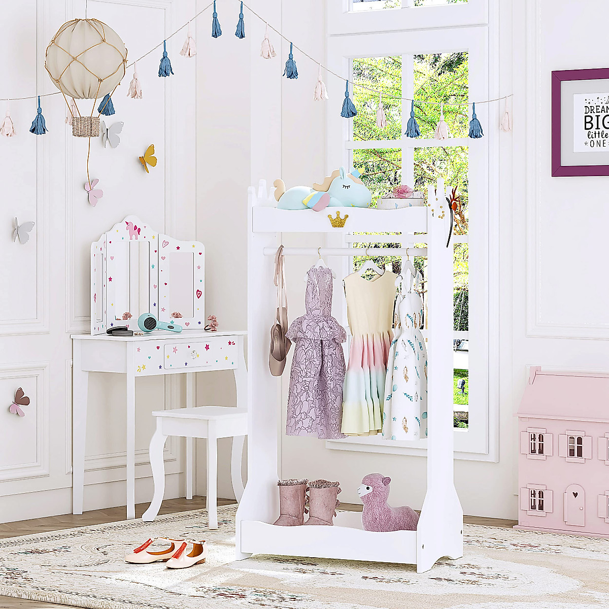 UTEX Kids Dress Up Storage, Kids' Costume Organizer Center, Open Hanging Armoire Closet, Kids Armoire with Rack for Toddler 3 Age+, White