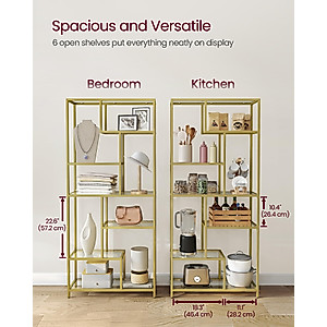 VASAGLE Bookshelf, 6-Tier Tall Bookcase, Display Shelf, Plant Stand, 11.8 x 31.5 x 70.9 Inches, Tempered Glass, for Study, Office, Living Room, Bedroom, Kitchen, Metallic Gold ULGT502A01