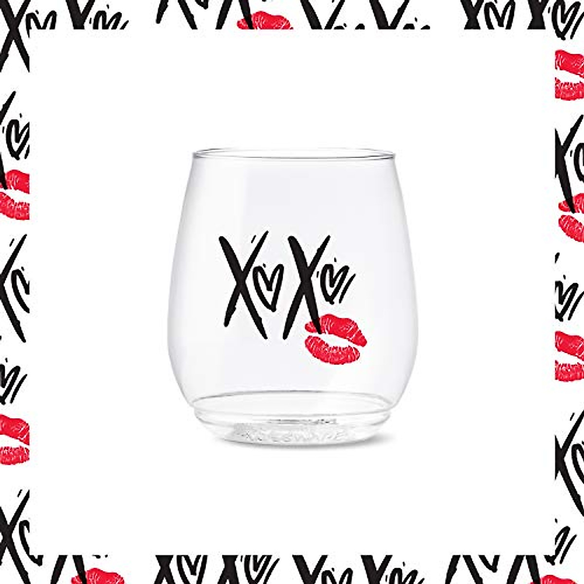 TOSSWARE POP 14oz Vino XOXO Series, SET OF 6, Premium Quality, Recyclable, Unbreakable & Crystal Clear Plastic Printed Glasses