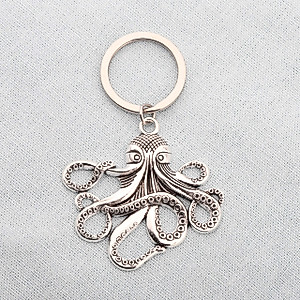 BEKECH Sea Jewelry Octopus Keychain Sea Life Black Eyed Squid Octopus Charm Keychain Sea Animal Jewelry Pirate Accessory Gift (silver)