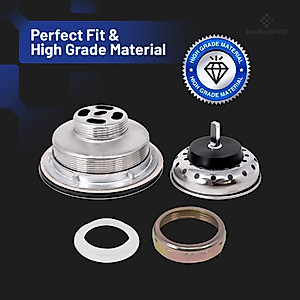 PLB22002 EvertechPRO Kitchen Sink Drain Assembly Kit - 4 1/2 Inch Sink Drain with Strainer Basket and Drain Stopper, Rustproof Stainless Steel, Easy to Install, Suitable for American Standard Sinks