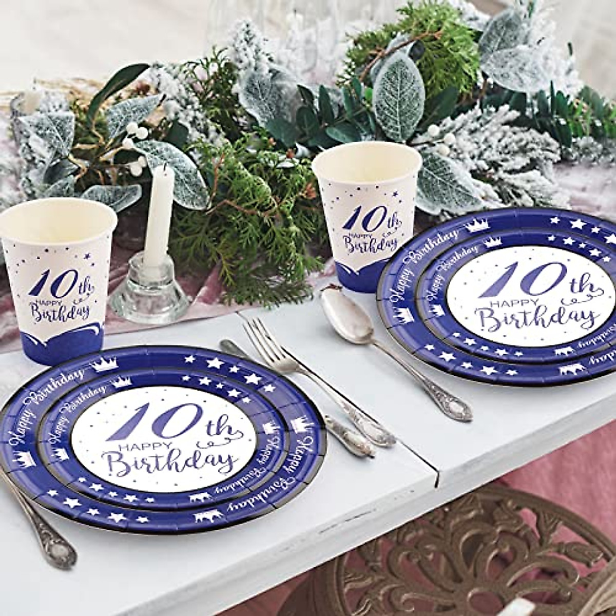 10th Birthday Decorations for Boys Girl, 96pcs Happy Birthday Plates and Napkins Navy Blue Party Tableware Set Party Supplies Paper Plates Napkins Cups 10th Birthday Plates - Serves 24 Guests