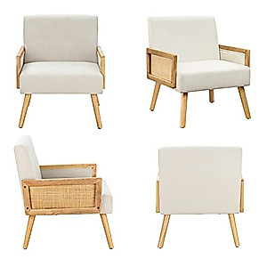 MELLCOM Beige Rattan Chair, Mid Century Modern Accent Chair, Upholstered Chairs with Bamboo Knitting and Solid Wood Legs, Comfy Linen Fabric Armchair for Club, Living Room, Bedroom,Beige-26.4''w