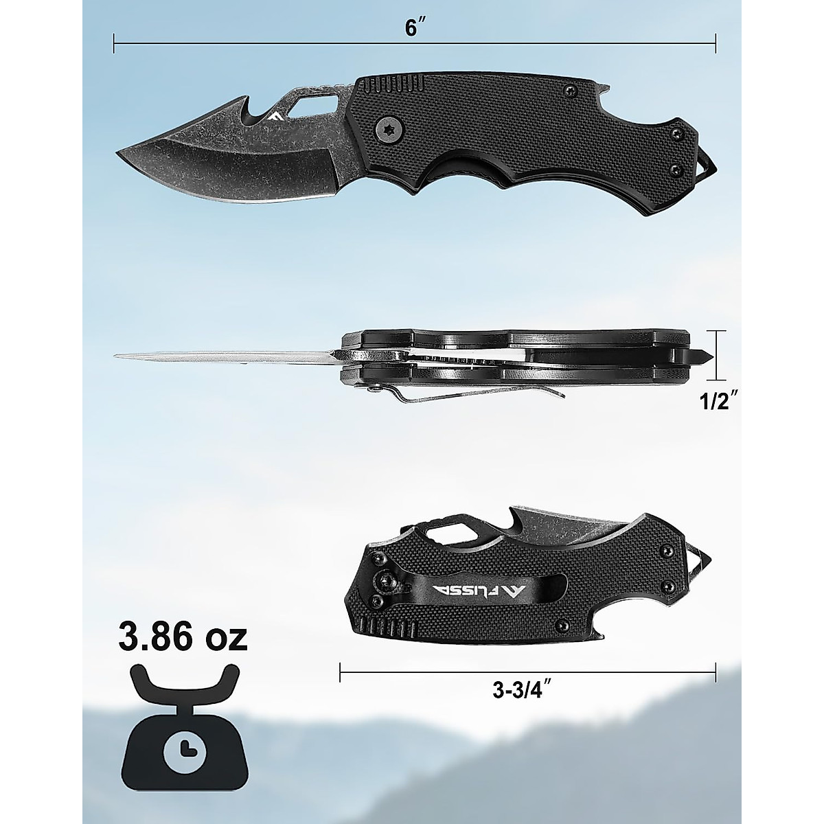 FLISSA Mini Folding Pocket Knife, 2.5-Inch Stainless Steel Drop Point Blade, EDC Pocket Knives for Men with Bottle Opener and Glass Breaker (Black)