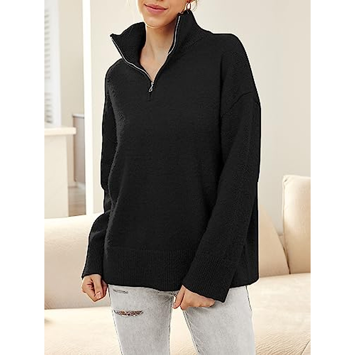 LILLUSORY Women's Black Oversized Quarter Half Zip Up Pullover Sweaters 2023 Fall Cashmere Fuzzy Knit Chunky Warm Light Lightweight Trendy Clothes Outfits