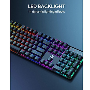Mechanical Gaming Keyboard with Clicky Blue Switches & LED Backlight, 104-Key Anti-Ghosting Wired Mechanical Keyboard with Macro Recording & Ergonomic Design for PC and Laptop KM-G16
