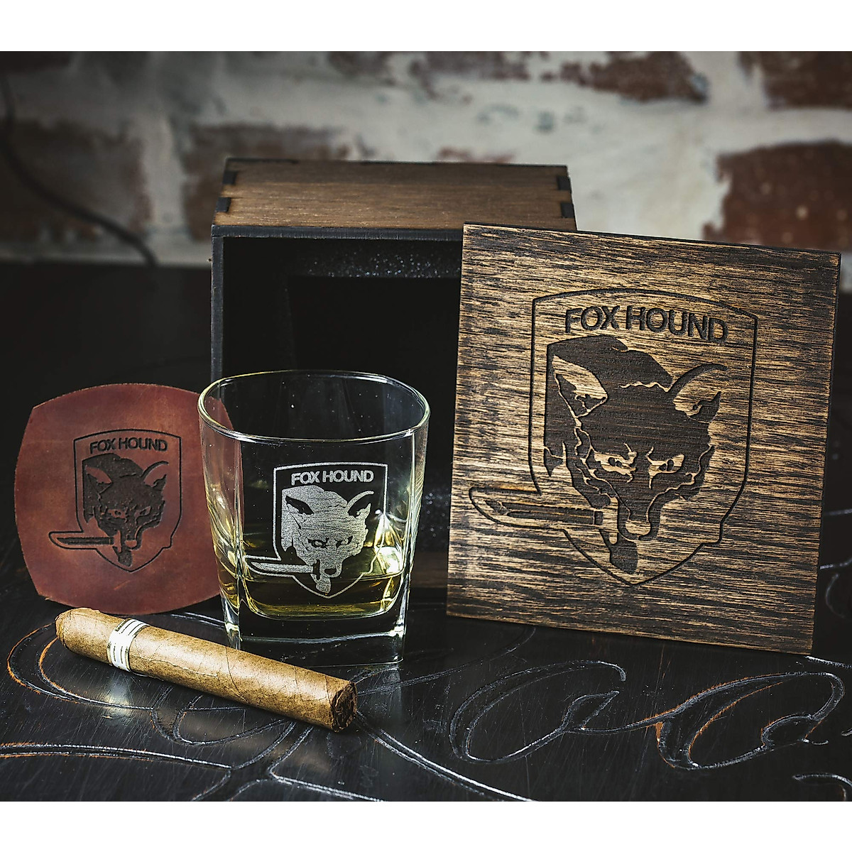 Handcrafted Whiskey Gift Set with Custom Glass, Engraved Wood Box, and Leather Coaster - Stylish Gifts for Game Fan - Unique Present for Him (Fox Hound)