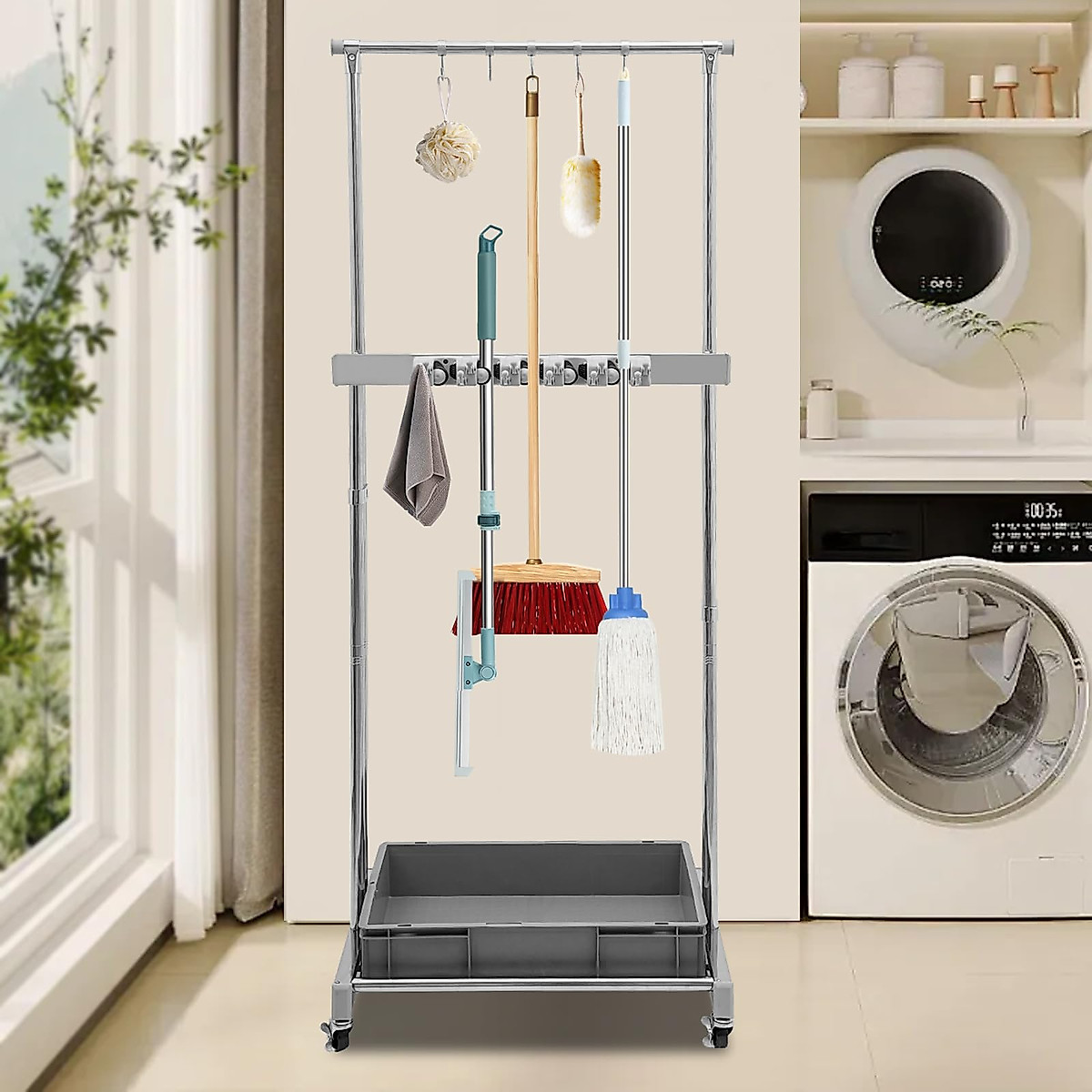 CheriMuMu Broom mop Holder, Mobile Cleaning Tools Storage Cart, Cleaning Supplies Organizer Janitor Carts, Stainless Steel Floor-Standing Mop Rack with Wheels for Garden Garage Schools (5 Slots)