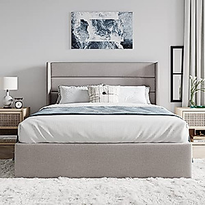 SHA CERLIN Full Size Lift Up Storage Bed/Modern Wingback Headboard/Upholstered Platform Bed Frame/Hydraulic Storage/No Box Spring Needed/Wood Slats Support/Light Beige