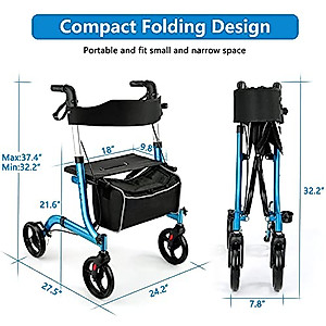RINKMO Rollator Walkers for Seniors- Rollator Walker with Seat 8" Wheels- Easy Folding Senior Walker with Backrest- Lightweight Mobility Walking Aid for Adult Elderly, Aluminum Frame, Blue