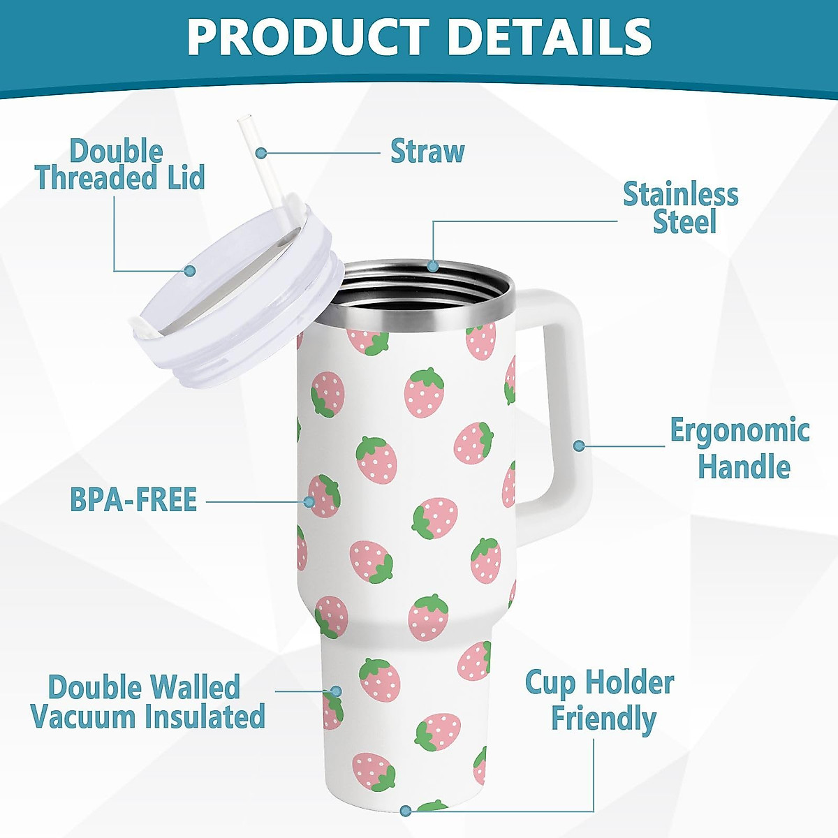 YNNALE 40 oz Tumbler with Straw & Handle - 2 in 1 Lids Leak Proof Tumblers - Large Insulated Stainless Steel Cup - BPA-Free Water Bottle Travel Metal Mug for Women Man,Cute Light Pink Strawberry