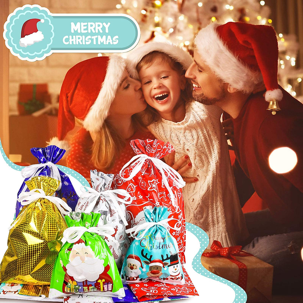 FATHABY Holiday Christmas Drawstrings Gift Bags, 30PCS Assorted Christmas Wrapping Bags, 6 Different Patterns for Christmas Goodie and Treat Bags for Birthday Christmas Party (Yellow) (Gray)