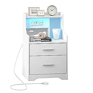 Nightstand with Charging Station & LED Lights, White Nightstand with 2 Drawers and Open Storage, Bed Side Table Night Stand for Bedroom Living Room Office, White Wood Side Table