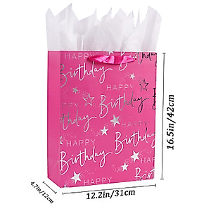 JWSCYSY 16.5" Extra Large Happy Birthday Gift Bag with Card and Tissue Papers, Huge Gift Bag for Kids Girls Birthday Party (Pink)