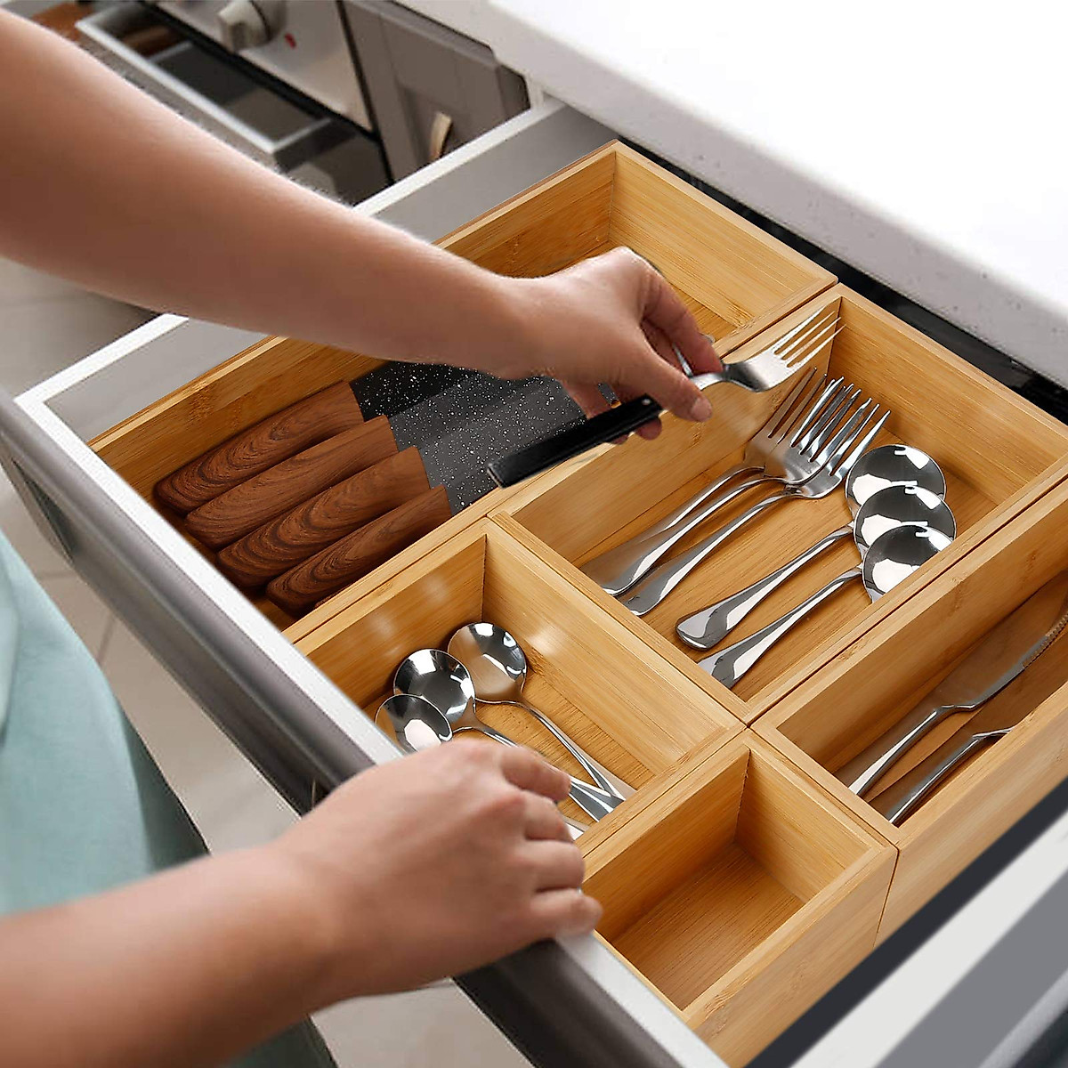 Secura Bamboo Kitchen Drawer Organizer 8 Expandable Compartments and Kitchen Drawer Utensil Organizer Box Set 5 Pack Bundle