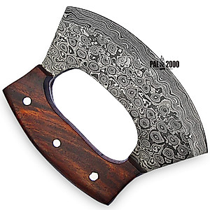 Knives - Alaskan Ulu - Mezzaluna Ulu Knife - Pizza Cutter Ulu - Traditional Ulu - Handmade Damascus Steel - Wood Handle - Ulu Knife - Vegetable Chopping Ulu - Crescent Blade (9891)