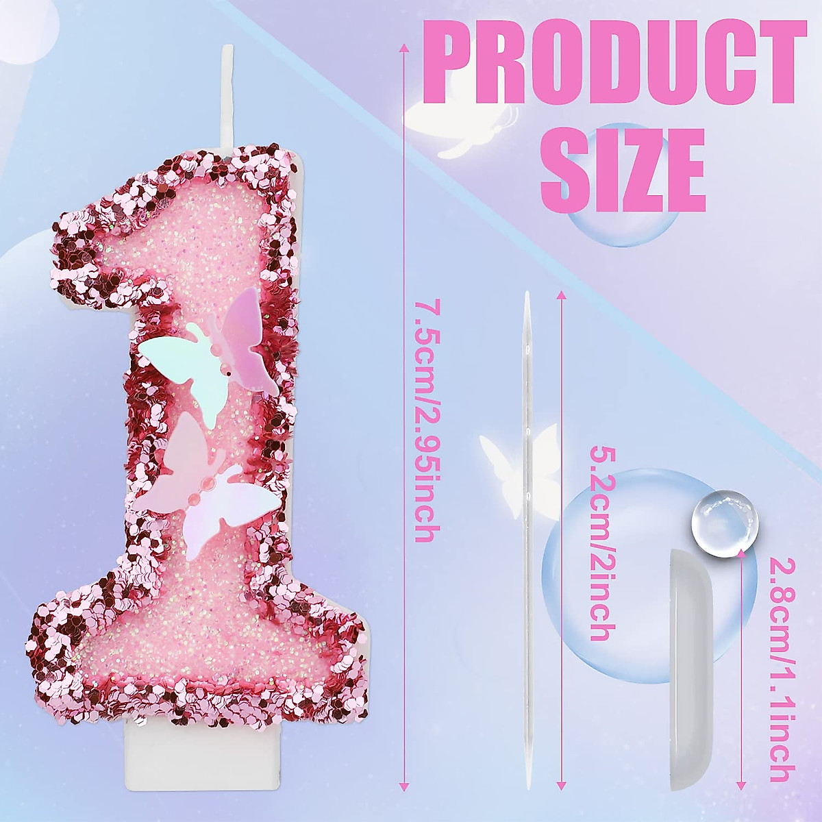 3 X 2 Inch Birthday Number Candles, Glitter Number Candles Pink Butterfly Birthday Candles Cake Topper with Sequins for Anniversary Celebrations Supplies (Number 1)