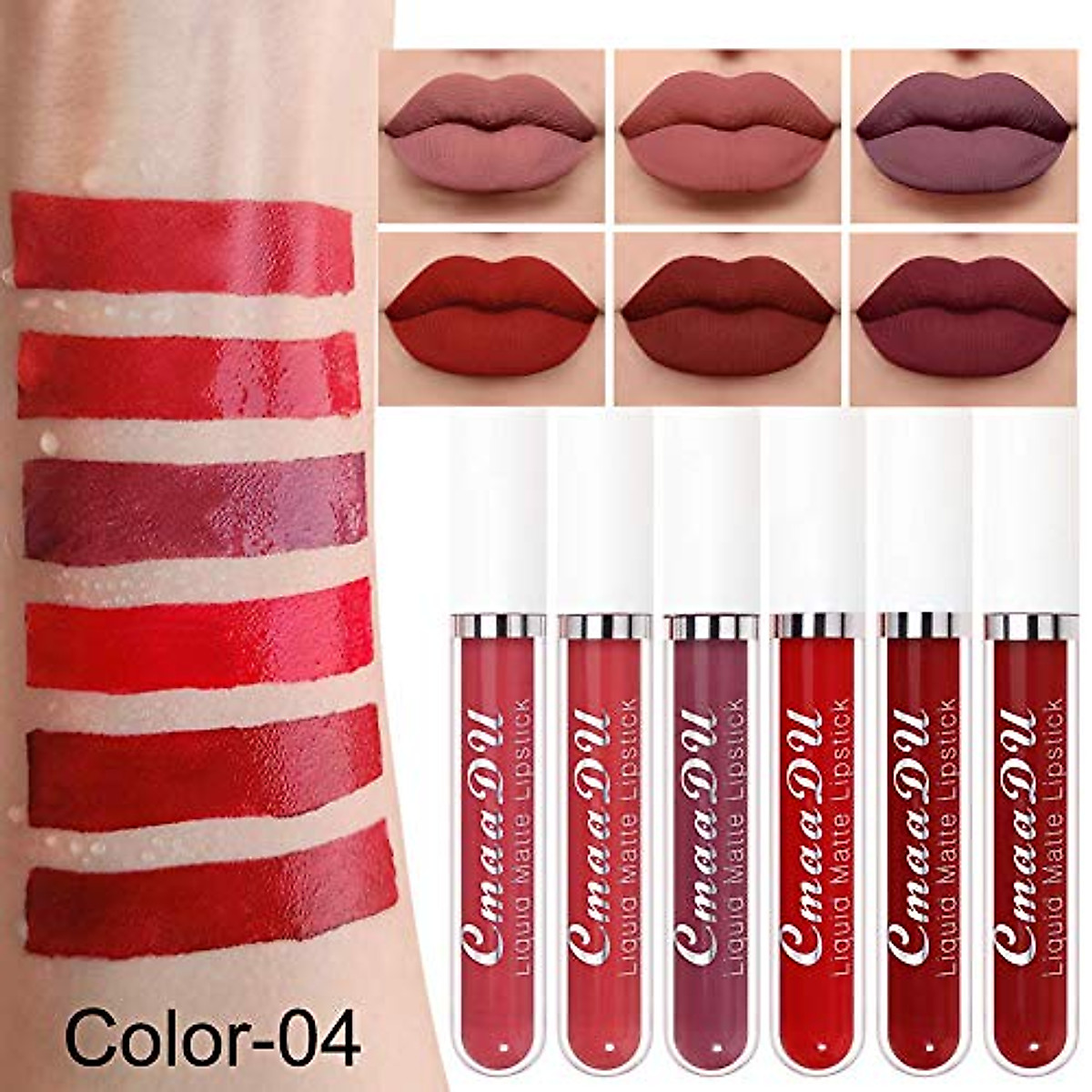 6Pcs Matte liquid lipstick Set,Dark Red Matte Lipstick Lip Stain Long Lasting 24 Waterproof Lip Gloss Gift Set ,Lipstick Sets for Women Lippies Lip Matte Makeup Lipgloss Beauty Cosmetics (Color-04)