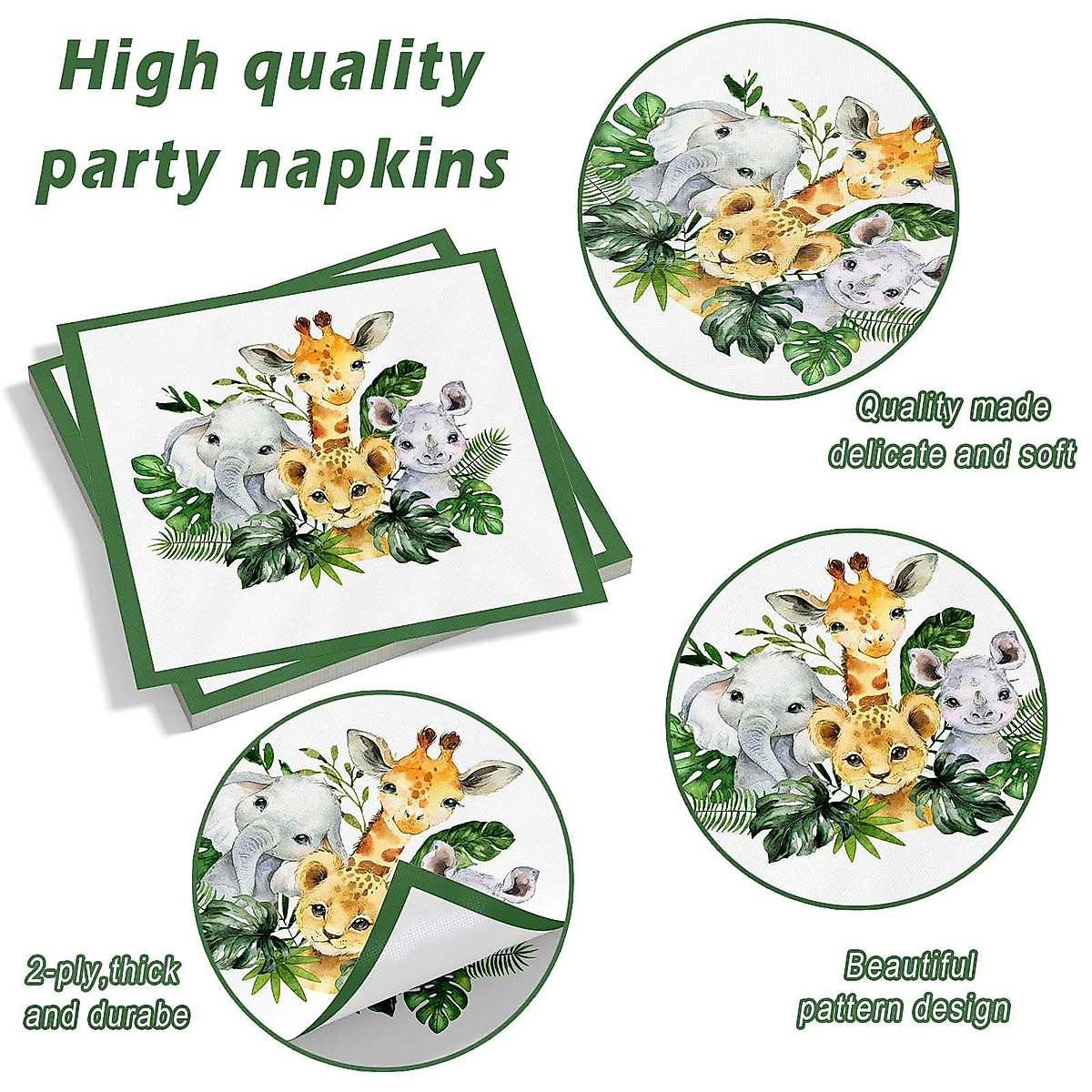 Yuzioey 50 Pcs Safari Baby Shower Napkins, Jungle Animals Baby Shower Disposable Paper Napkins, Safari Theme Baby Shower Supplies Party Napkins, Safari Baby Shower Decorations 6.5" x 6.5"