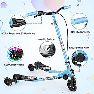 3 Wheels Swing Scooters Foldable Wiggle Drifting, 4-Level Adjustable Height Speeder Scooter for Boys (LED Blue)