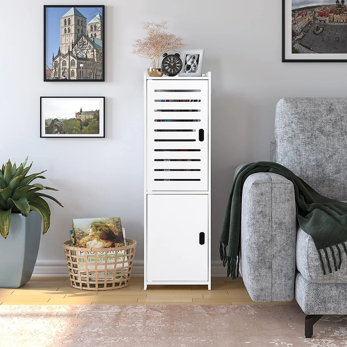 Bathroom Floor Cabinet Freestanding Double Door 3-Tier Side Storage Organizer Cabinet Unit, Multipurpose Waterproof Small Storage Cabinet for Bathroom, Bedroom, Office, White