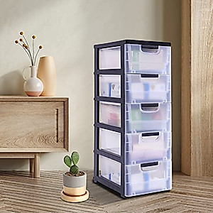 5 Drawers Storage Tower Stackable Desktop Storage Unit Transparent Storage Box Cabinet Black Frame with Clear Drawers w/4 Wheels Container Case for Living Room Bedroom