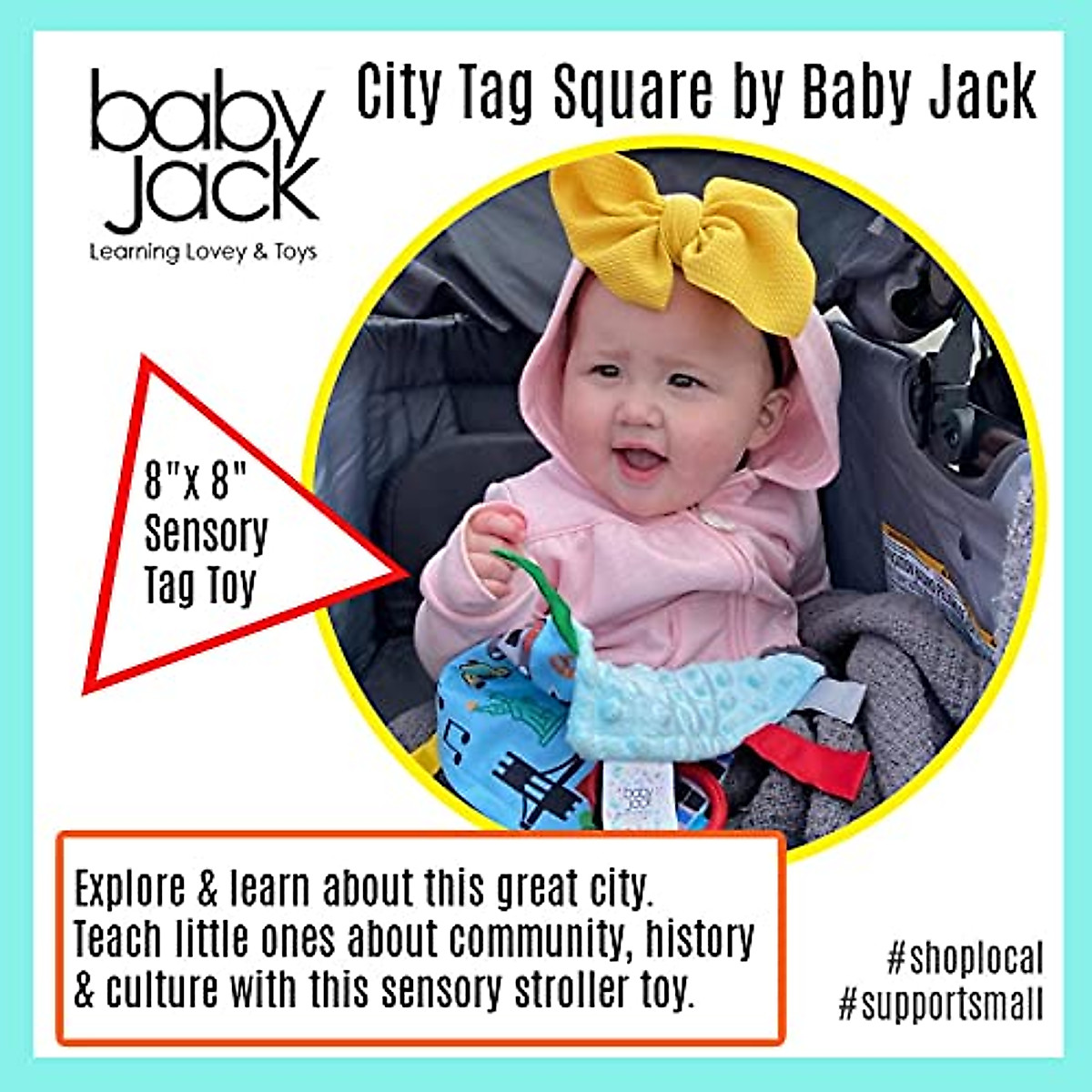 Baby Jack & Co 8x8” Learning Lovey Philadelphia Pennsylvania Tag Toys for Babies - Baby Crinkle Toys - Soft & Safe - Learn USA Cities and Shapes - Ideal Baby Toy & Gift BPA Free w/Stroller Clip