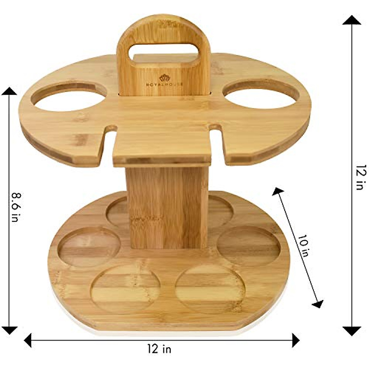 RoyalHouse Bamboo Wine Rack Wooden Wine Storage Set Holds 2 Bottles and 4 Glasses, Easy Assembly Wine Stand, Wine Bottle Holder and Glass Hanger Drying Rack