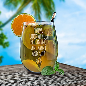 shop4ever® Wow, Look At You Becoming An Aunt Engraved Stemless Wine Glass Promoted to Aunt New Auntie (for Aunt)