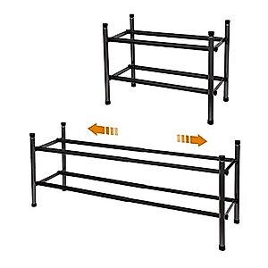 MULISOFT 2-Tier Expandable Shoe Rack, Stackable and Adjustable Shoe Shelf Storage Organizer Heavy Duty Metal Free Standing Shoe Rack for Closet Entryway Bedroom Garage (Black),1 Pack