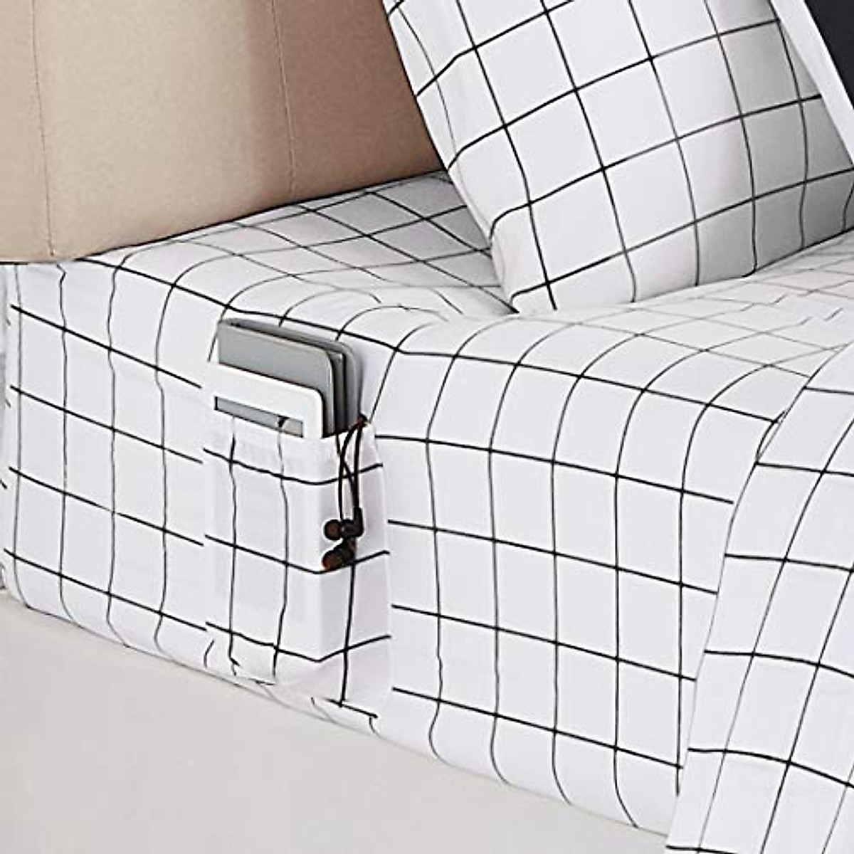 Amazon Basics Reversible Microfiber Bed-in-a-Bag with Elastic Storage Pockets -3 pcs, Full/Queen, Black Grid