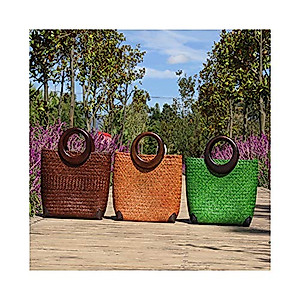 QTKJ Hand-woven Womens Straw Large Boho Handbag Bag for Women, Summer Beach Rattan Tote Travel Bag with Wood Round Top Handle (Khaki 1)