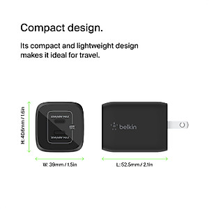 Belkin 65W Dual USB-C Wall Charger, Fast Charging PD 3.0 w/GaN Technology for iPhone Series, iPad Pro 12.9, MacBook, Galaxy Series, Tablet, & More - Black