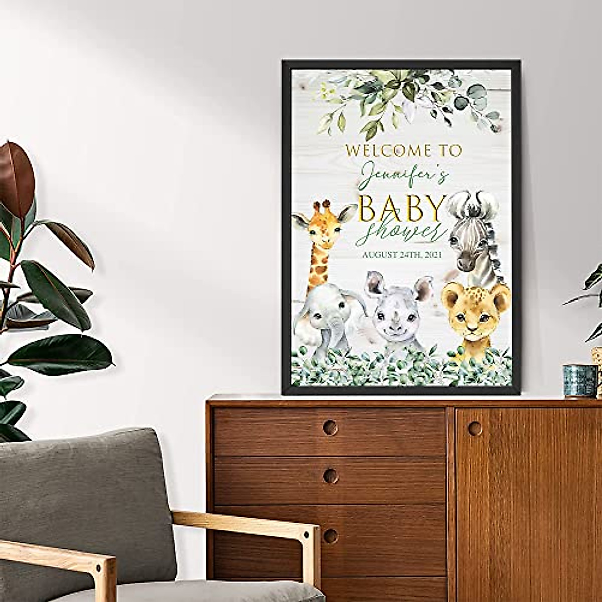 Personalized Safari Baby Shower Welcome Sign Poster, Jungle Animals Print Art, Cute Watercolor Jungle Baby Shower Welcome Decoration, Custom Baby Shower Wall Art Poster Canvas, Home Decor