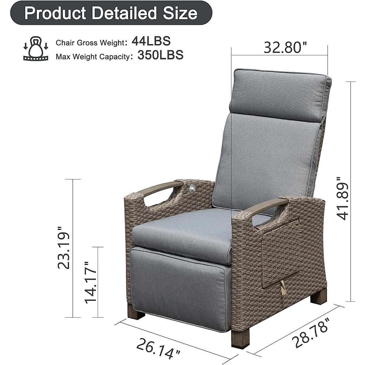 Domi Outdoor Reclining Chairs with Extended Footrest, Adjustable Patio Wicker Lounge Recliner up to 150° with Flip Side Table, Thickness Cushions for Indoor & Outdoor,Grey