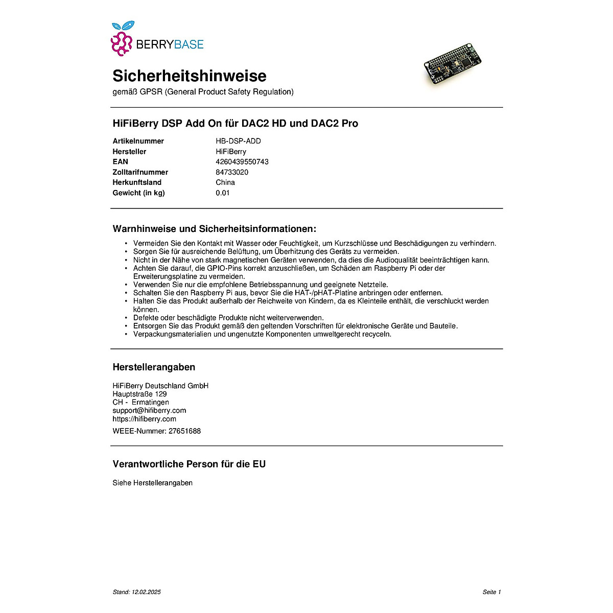 HiFiBerry DSP Add On for DAC2 HD and DAC2 Pro