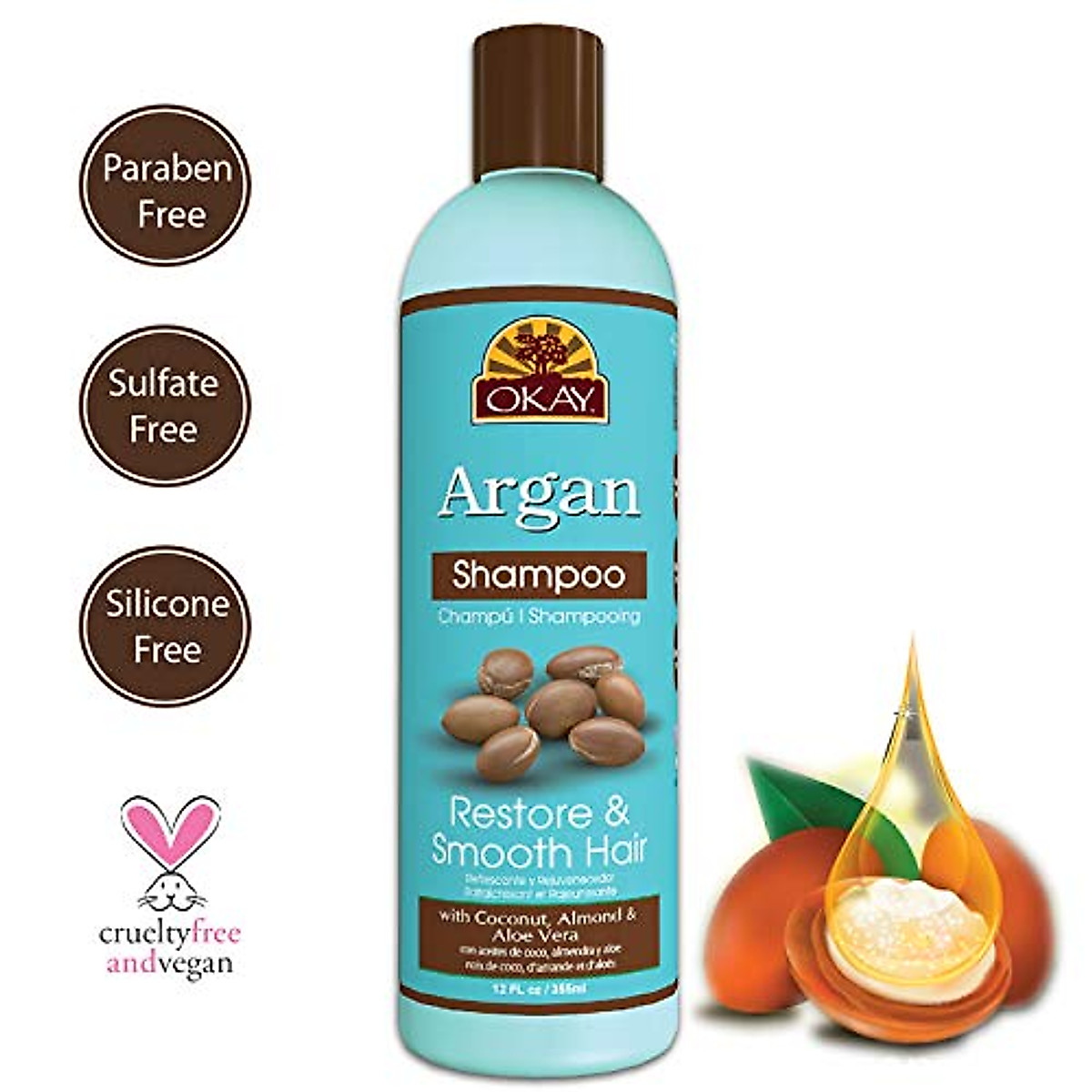 OKAY | Argan Shampoo | For All Hair Types & Textures | Restore, Hydrate and Smooth Hair | With Coconut, Almond, & Aloe Vera | Free of Parabens, Silicones, Sulfates | 12 oz