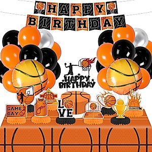 76pcs Basketball Birthday Party Decorations with Basketball Banner Honeycomb Centerpiece Basketball Balloons Cake Topper Tablecloths for Boys Basketball Theme Party Decorations