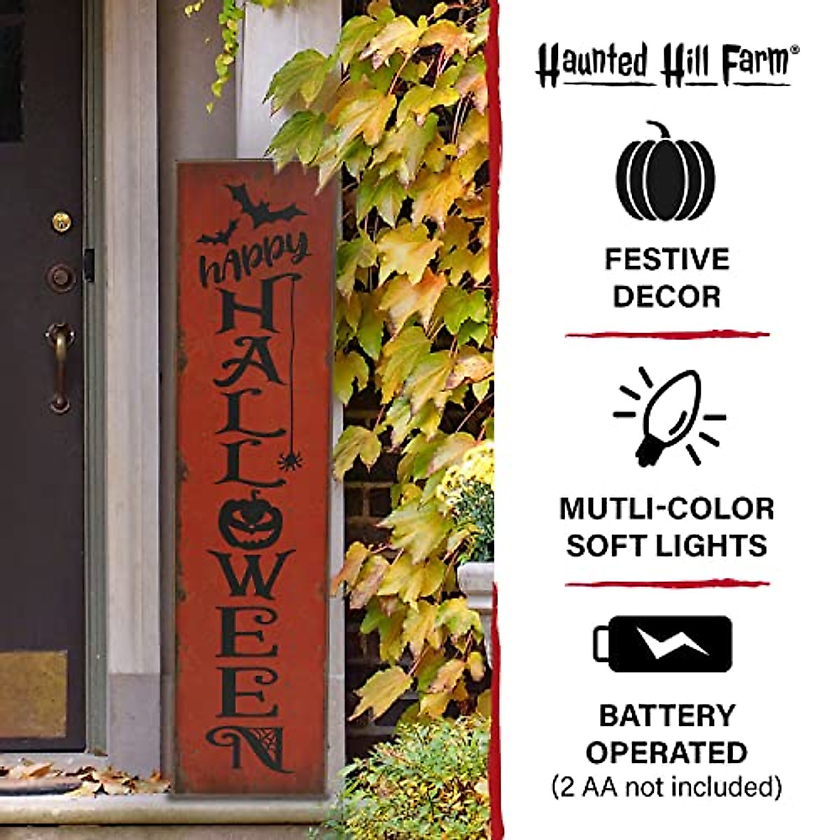 Haunted Hill Farm 45-in. Happy Halloween Porch Leaner Sign with LED Lights, Battery Operated, Festive Holiday Decor, Jack-O-Lantern, Bats in Orange & Black