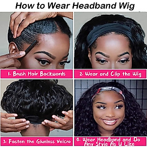JCL Curly Headband Wig Human Hair 180% Density 12 Inch Headband Wigs for Black Women Deep Wave None Lace Front Wigs Human Hair Wear and Go Glueless Wig Natural Color